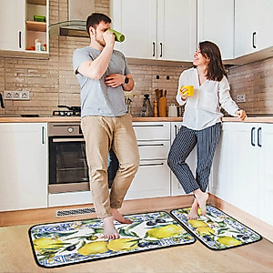 Washable Kitchen Rugs Set 2 Piece Watercolor Lemon Olive Branches Anti Fatigue Floor Mats Bathroom Carpet, 27"x19" and 47"x19"