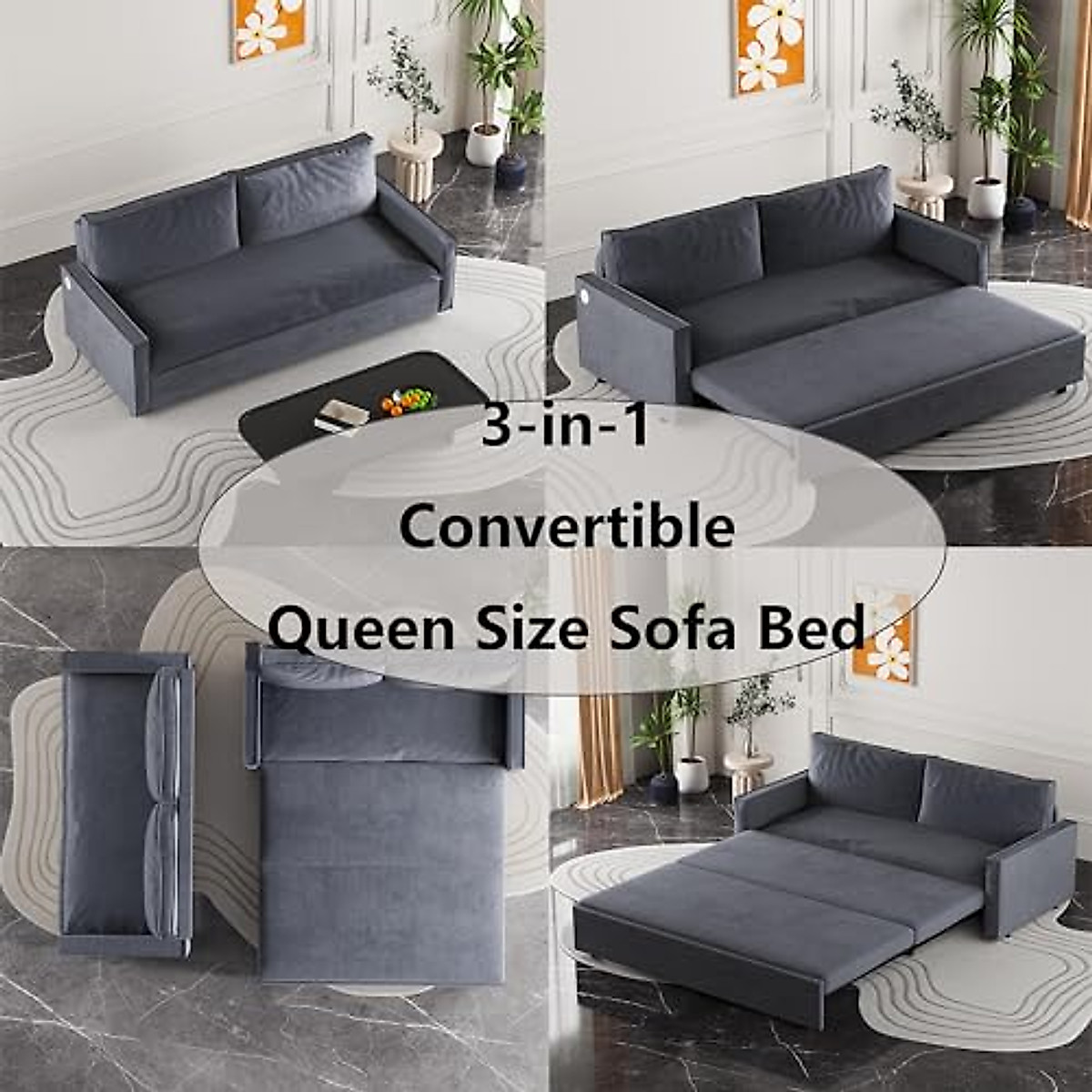 YUNLife&Home Pull Out Sleeper Sofa Bed,Convertible Futon Loveseat Sofá 3-in-1,Chaise Lounge Chair Velvet Upholstery 2-Seat Couch Reversible Folding Guest Daybed,USB Port,Queen Size,600lb Capacity