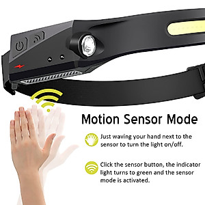 Ginlpd Headlamp Flashlight, (2-Pack) High Lumen Led Headlights Rechargeable COB 230°Wide Beam Waterproof Head Lamp with Motion Sensor Bright 5 Modes for Outdoor Running, Camping Hiking