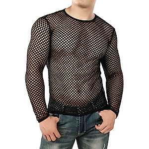 VOWUA Men's Mesh See Through Fishnet Shirts Muscle Pullover Long Sleeves Crew Neck Casual Clubwear Blouse Black