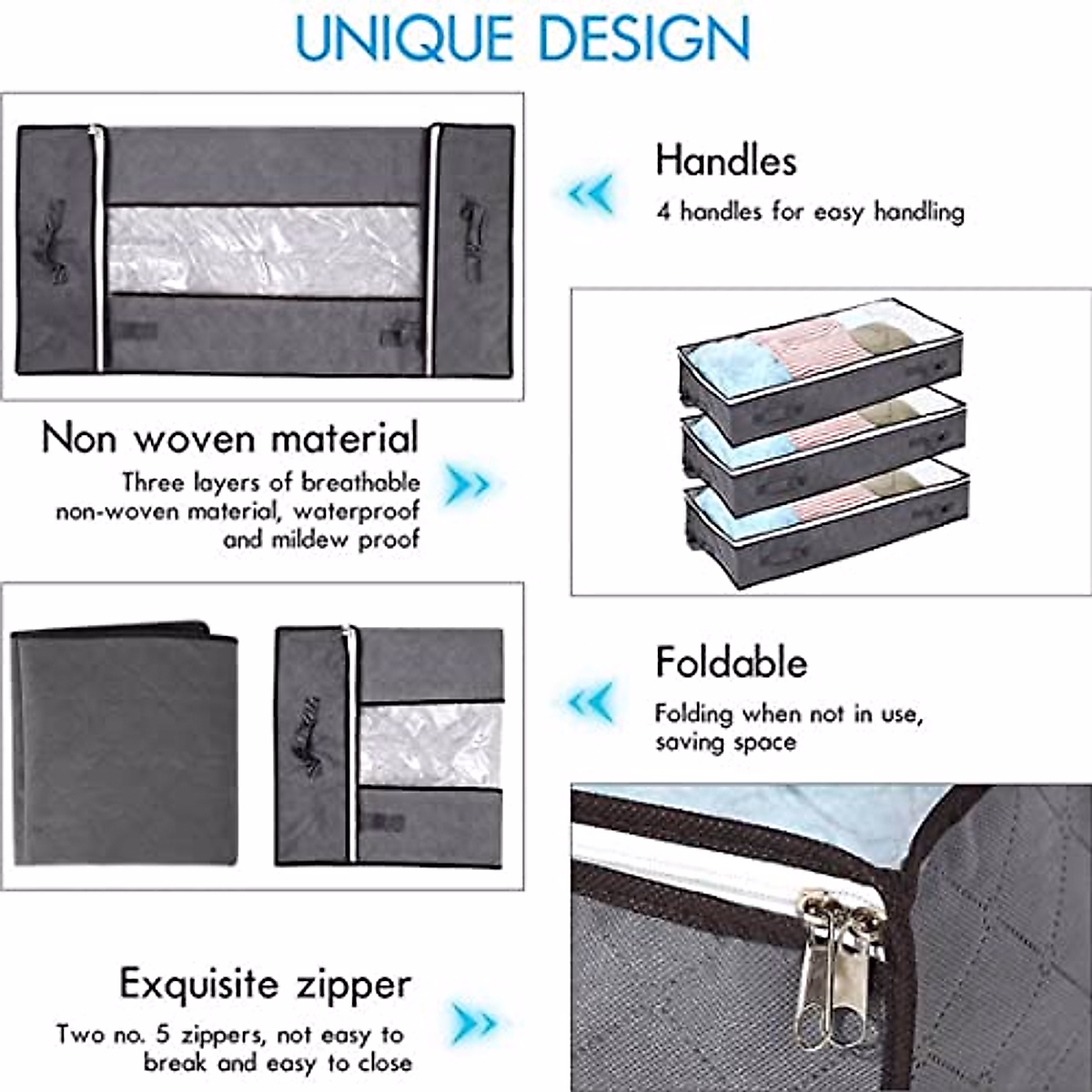 DinQ 2 Pack Queen Under Bed Storage Box with Clear Window, Zip Cover and Reinforced Handles for Clothing, Pillows, Quilts, Quilts, Blankets and Toys - Grey (2 Pack)