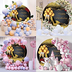 Black Gold High Heel Round Backdrop Luxury Glistering Champagne Rose Balloons 20th 30th 40th 50th 60th Happy Birthday Backdrop 6.5x6.5ft Photo Studio Booth Background