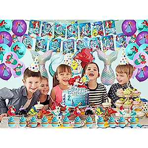 Little Mermaid Birthday Party Decorations for Girls Ariel Princess Birthday Party Supplies Includes Happy Birthday Banner,Latex Balloons, Shaped Foil Balloons, Cake Topper, Cupcake Toppers for Girls Little Mermaid Party Gift