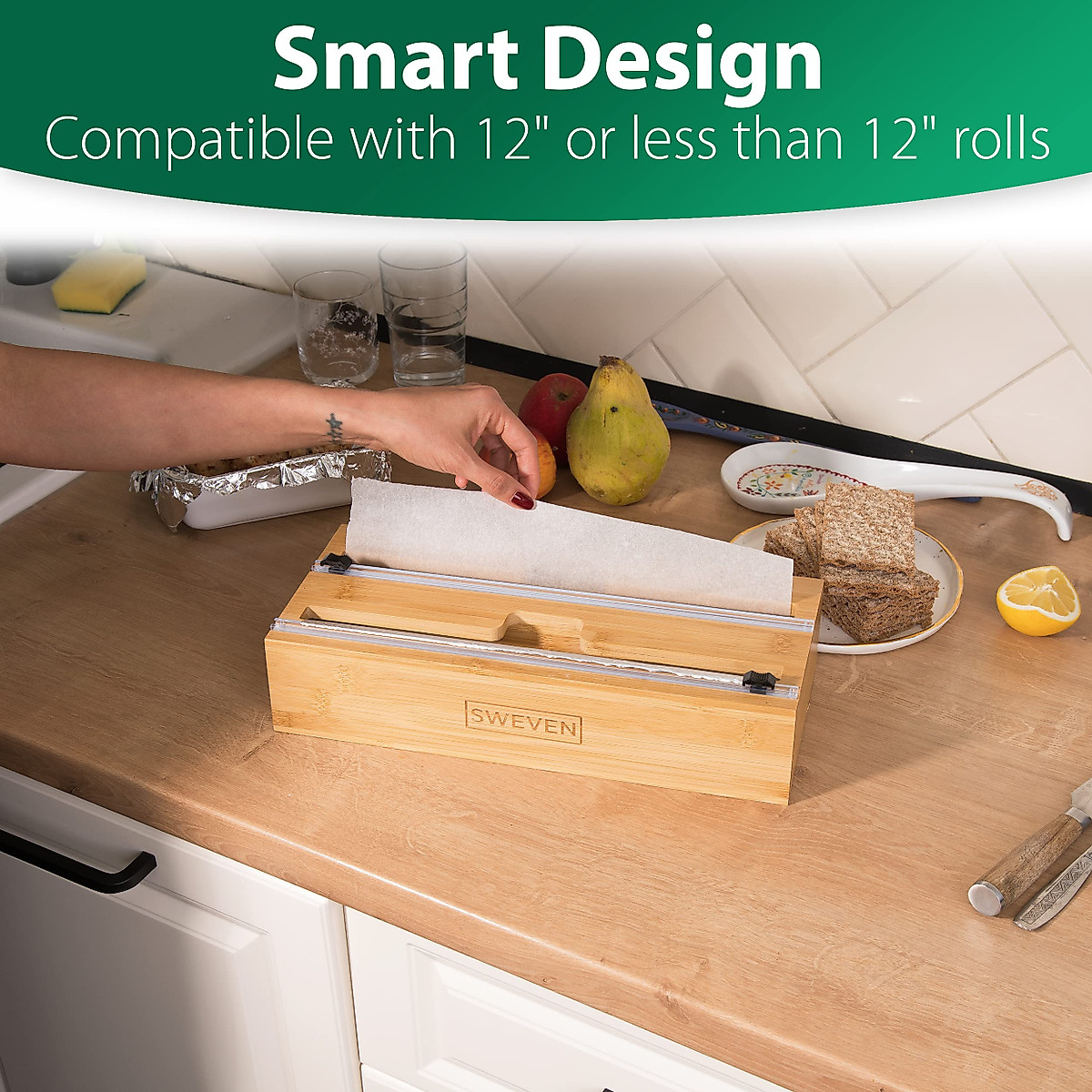 Plastic Wrap Organizer for drawer | Saran Wrap, Aluminum Foil, Wax Paper and Plastic Wrap Dispenser with Cutter | Perfect Kitchen Organizer | Labels Included | Compatible with 12" Roll (2 Slot)