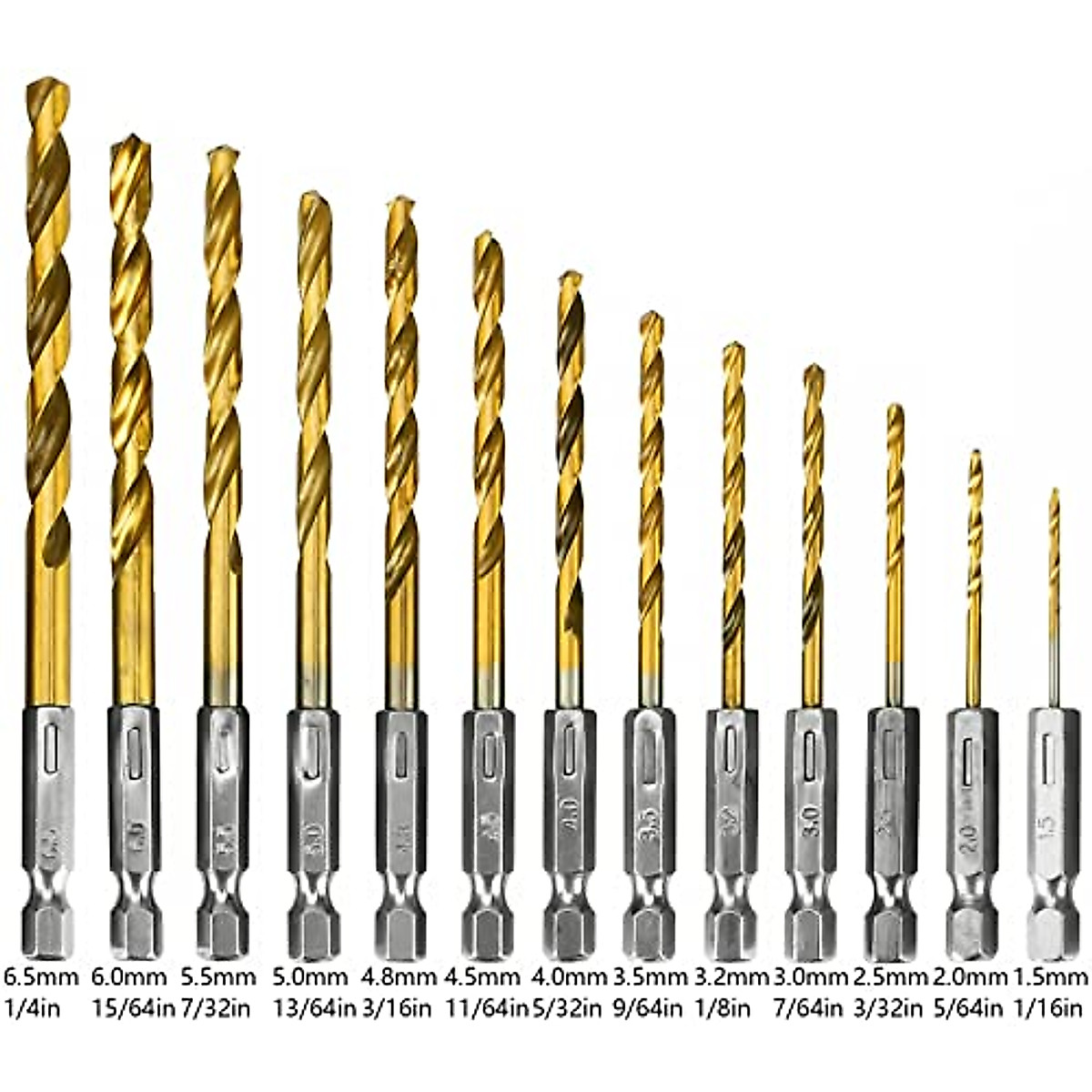 Titanium Twist Drill Bit Set - 13 Pcs Hex Shank High Speed Steel， Premium 4341 HSS Titanium Impact Hex Drill Bits for Wood, Steel, Metal, Plastic, Quick Change Design (1/16”-1/4”)