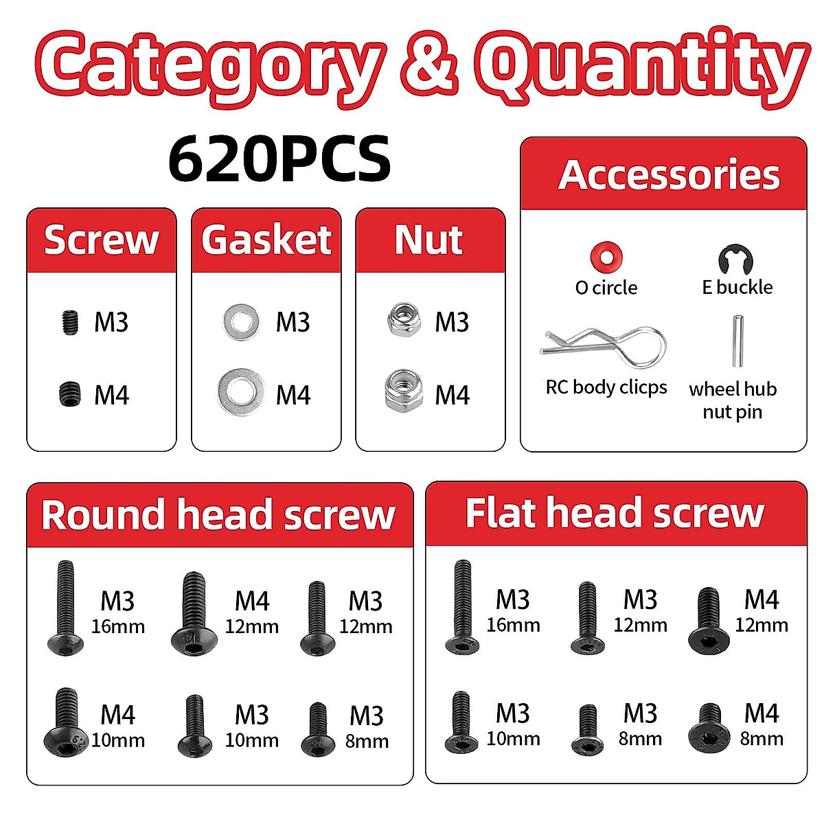 HobbyPark 620pcs RC Screw Kit Screws Assortment Set Hardware RC Repair Tool Kit RC Screwdrivers Hex Drivers w/Tray for Traxxas Arrma Axial Redcat Losi 1/8 1/10 1/12 1/16 Scale RC Car Truck Crawler