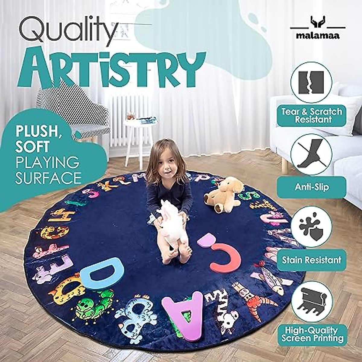 ABC Rug for Kids XL 6 ft, Toddlers and Baby - Use in Nursery and Classroom to learn the alphabet - Nursery Rug, Alphabet Rug, Kids Rugs for Playroom, Rugs for Classroom, Play Rug (Circle Blue)