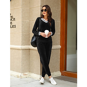 Irevial Track Suits for Women, Ladies V Neck Long Sleeve Crushed Velvet Tops Casual Sweatsuit Sets Jogging Pant with Pockets Elastic 2 Piece Outfits Black M