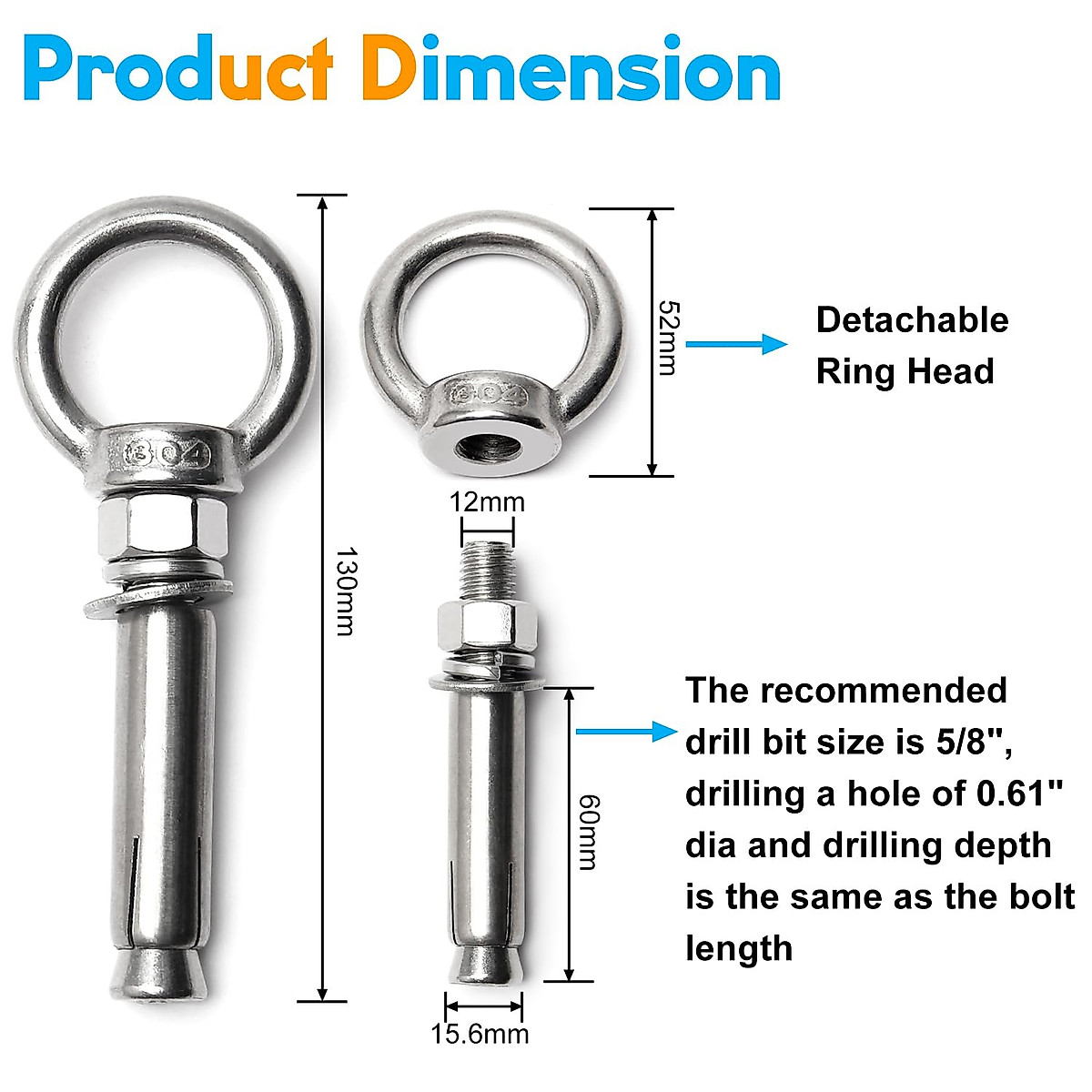 MroMax Expansion Lifting Eyebolt M12x90mm Eye Ring Bolt 5.12" Length 304 Stainless Steel Expansion Bolts with Nuts Eye Hooks Anchor Fastener for Concrete Wall Masonry Ceiling Silver 2Pcs