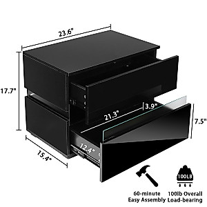 HOMMPA LED Nightstand with 2 Drawers Modern Black Bedside Table Nightstand with Storage Cabinet High Gloss Night Table with 16 Colors LED End Table Smart Nightstand for Bedroom Furniture