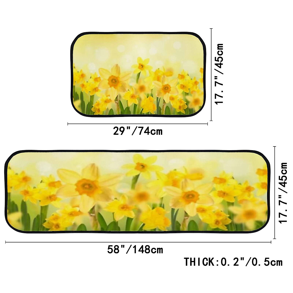 Kuizee Kitchen Mat Set of 2 Pieces Anti Fatigue Rugs Yellow Daffodils Spring Butterflies Floral Soft Water Absorbent Non-Slip Standing Mats Kitchen Decor Floor,17.7"x 29" +17.7"x58"