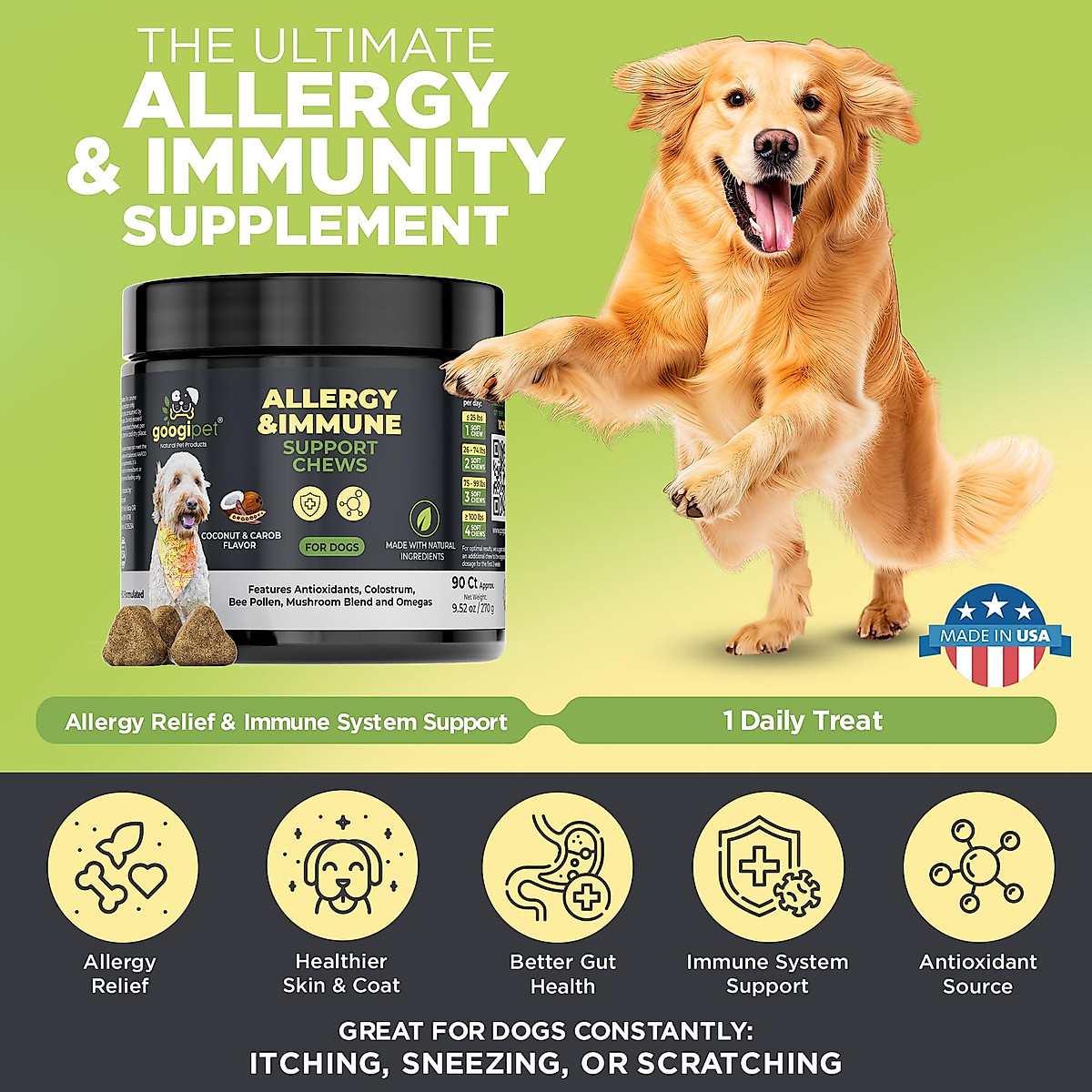 Googipet Dog Allergy Chews -Dog Allergy Relief & Itchy Skin Relief -Dog Skin & Coat Supplement +Bee Pollen, Colostrum for Dogs, Coconut Oil, Probiotics, & Omega 3 Fish Oil for Dogs Itching Skin Relief