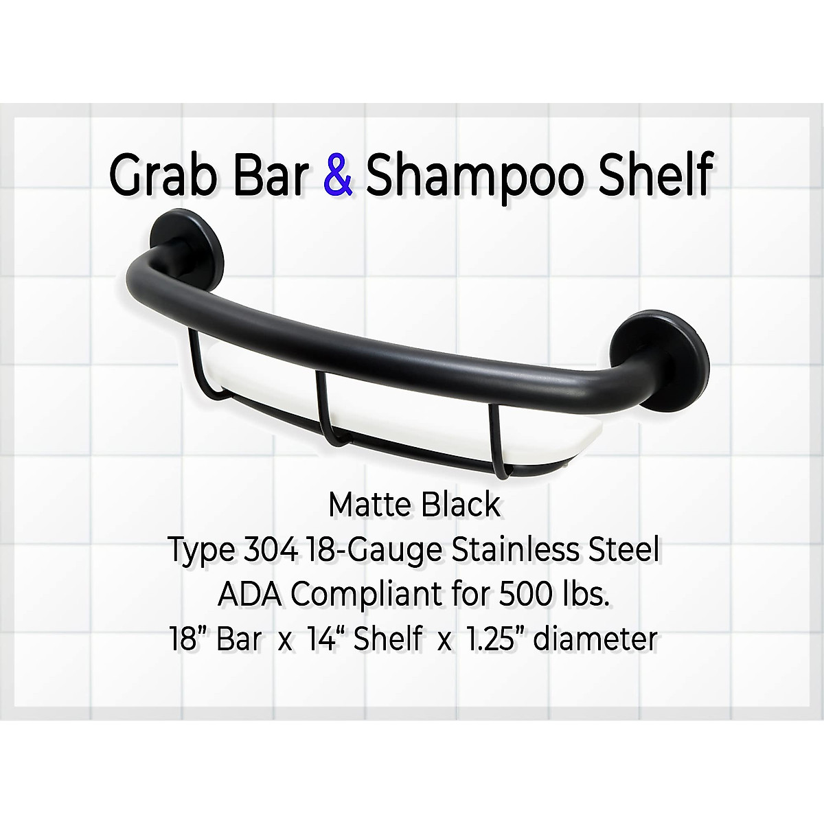 Shelf Grab Bar for Bathroom Shower Tub Kitchen Safety/304 Stainless Steel/Matte Black/ 18" x 5.5"