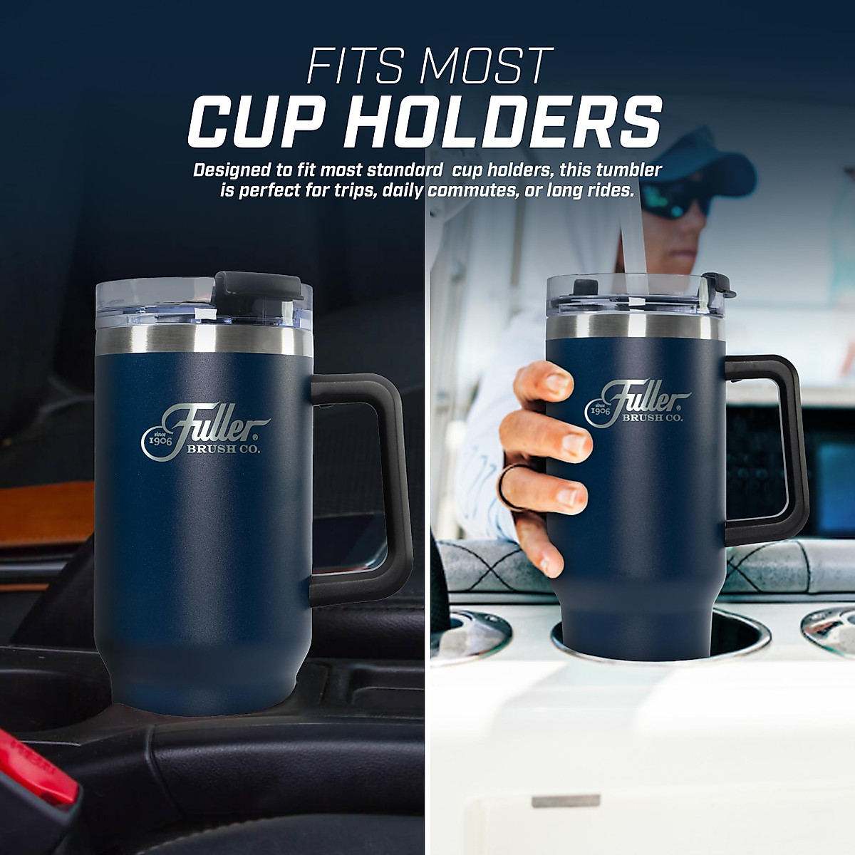 Fuller Brush Stainless Steel Tumbler with Handle - 40 oz. – Lead & BPA-Free - Double-Wall Insulated Travel Mug – Keeps Drinks Hot or Cold for Hours – Spill-Resistant Lid & Straw (Steel Blue)