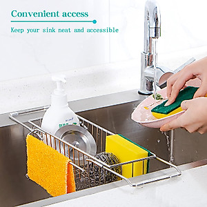YQh Kitchen Sponge Holder, Sink Caddy，Sink Storage Rack Holder Adjustable，Over Sink Expandable(11.8''-18.9'') Brush Soap Storage Rack，Rust Proof Water Proof, No Drilling- Stainless Steel
