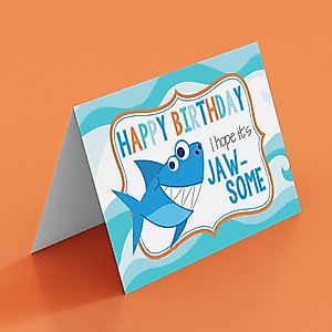 JAW-SOME Day Shark Themed Birthday Pun Themed Single (1) All Occasion Blank Birthday Card To Send To Friends & Family, 4"x 6" (when folded) Fill In Greeting Note Card by AmandaCreation