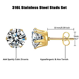 Gold Earrings Studs: LUCKYPADS Cubic Zirconia Earrings Studs 12 Pairs 14k Gold Plated Studs Earrings for Women Men Hypoallergenic Stainless Steel Stud Earrings Pack CZ Studs Earrings
