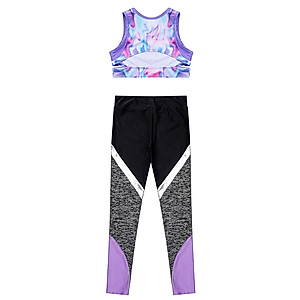 TiaoBug Kids Girls 2 Pieces Sport Sets Printed Crop Vest Tops and Leggings Tracksuit for Yoga Dance Lavender 6 Years