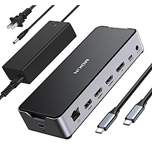 USB C Docking Station 3 Monitors Laptop USB C Dock Dual Monitor with 2 HDMI DisplayPort 4K144Hz,USB A 2.0/3.0,USB C 3.1 10Gbps&30W Output,Ethernet,MicroSD&SD,Audio&Mic,150W DC Power for Dell/Lenovo/HP