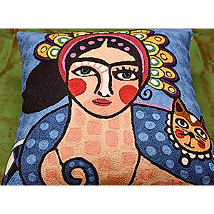 Kashmir Designs Bella Senorita Throw Pillow Cover | Mexican Art Pillow Hand Embroidered | Parrot Pillows | Blue Cat Pillow | Mexican Art Suzani Accent Pillow | Blue Couch Cushions | Wool Size - 18x18