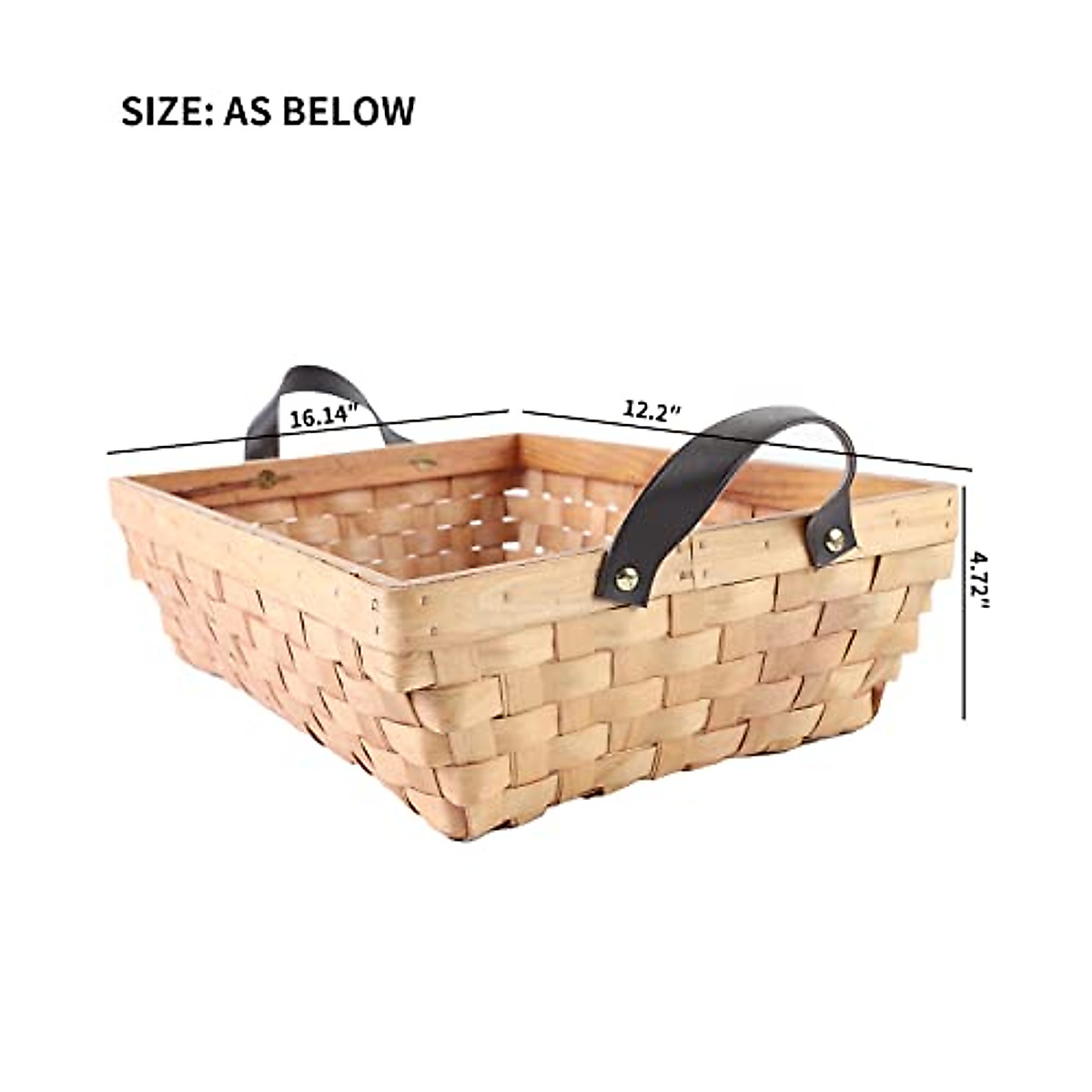 Rectangular Wooden Basket, Natural Hand Woven Storage Basket with Leather Handles for Sundries Toys Fruits