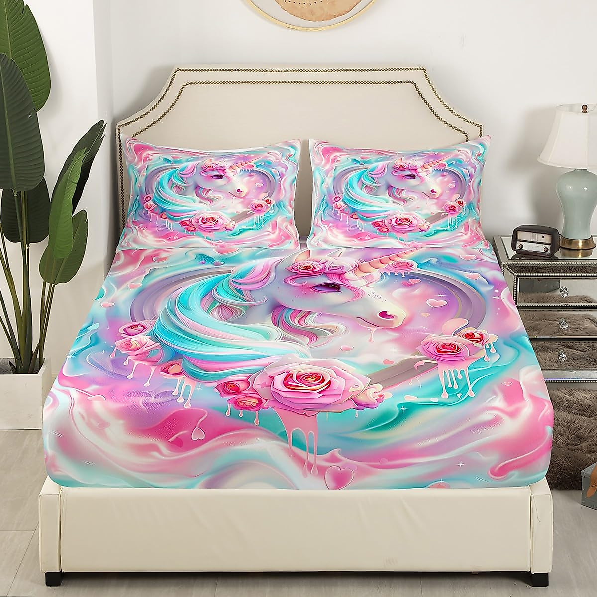 Unicorn Twin Size Bedding Sets 3 PCS Kids Cartoon Unicorn Fitted Sheet for Girls Bedroom Pink Unicorn Rose Bed Set with 1 Pillowcase,Rainbow Deep Pocket+1 Flat Sheet