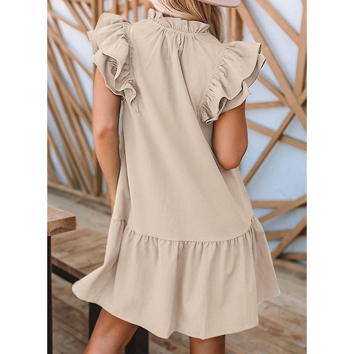 Dokotoo Spring Summer Dresses for Women 2024 Sleeveless V-Neck Ruffle Pockets Lightweight Swing Tunic Dress Solid Color Easter Mini Short Dress Beige Meium