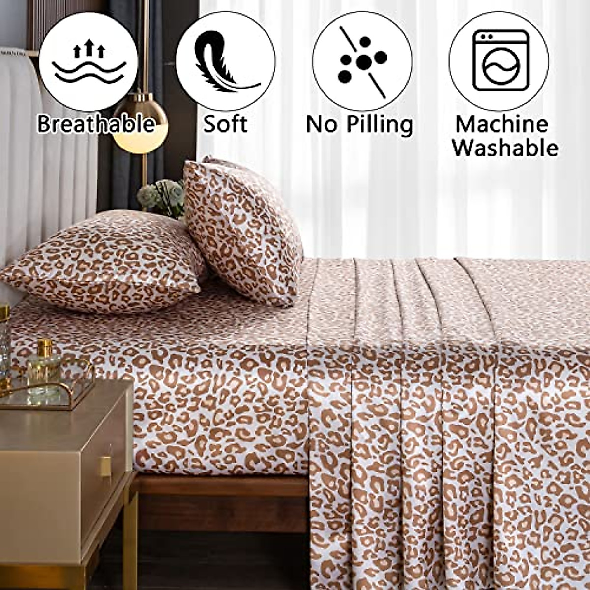 UDEAL California King Sheet Sets, 4 Pieces Silky Soft Satin Bed Sheets, Luxury California King Sheets Deep Pocket, Breathable & Fade Resistant, Beige Leopard