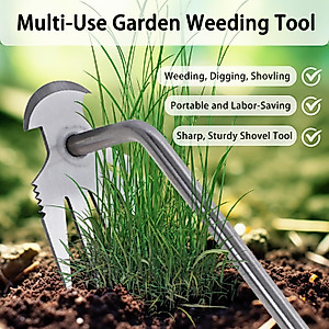 Weed Puller Tool, Uprooting Weeding Tools Gardening with 4 Teeth, Ergonomic Rubber Handle Manual Weeder Multifunctional Hand Weed Puller Tool for Yard, Farm, Garden Weeding and Planting