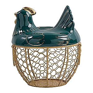 Egg Basket Metal Wire Fruit Basket with Chicken Shape Lid Ceramic Egg Holder, Holds 30 Eggs