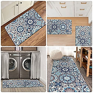 Jabogrii Anti Fatigue Kitchen Mat Set of 2 Blue Cushioned Kitchen Rugs Comfort Floor Mat PVC Waterproof Non Slip Kitchen Carpet Rug Runner for Sink Laundry 17"x48"+17"x28"