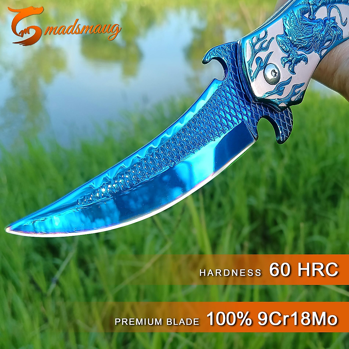 MADSMAUG Pocket Knife, 9Cr18Mo BLADE Pocket Folding Knife With Sheath, Cool 3D Dragon EDC knife, Great Gift Pocket Knife For Men Outdoor Survival Camping (Blue)