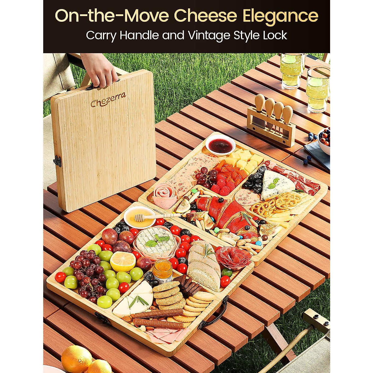 Charcuterie Boards Gift Set, Chezerra Bamboo Cheese Board Set, Folding Cheese Board with Handle, Cheese Knife Set - Unique White Elephant, House Warming, Wedding Gift, Portable Outdoor Cheese Plate