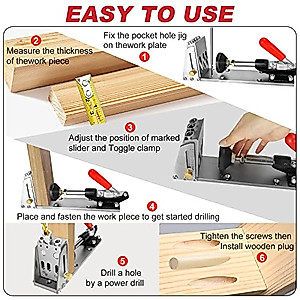 Pocket Hole Jig Kit, Stable Pocket Screw Jig, Precise 15° Pocket Hole Dowel Drill Guide Drill Jig for Angled Holes, Joint Angle Tool Carpentry Locator, Hole Screw Clamp System for Woodworking