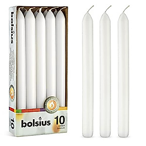 BOLSIUS 10 Count Household White Dinner Candles - 9 Inches - Premium European Quality - Approx. 8 Hours Burn Time - Unscented Dripless and Smokeless, Restaurant, Wedding, Spa, and Party Candlesticks