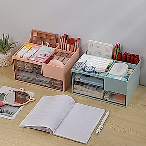 RAMFIYN Blue Kawaii Desk Organizer with 2 Drawers, 10 Compartments, Plastic Stationary Organizer for Home, School