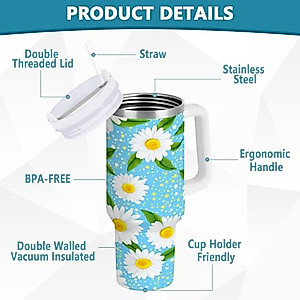 RPLIFE White Daisies Yellow Light Blue 40 Oz Tumbler, Stainless Steel Tumbler with Straw, Travel Coffee Tumbler