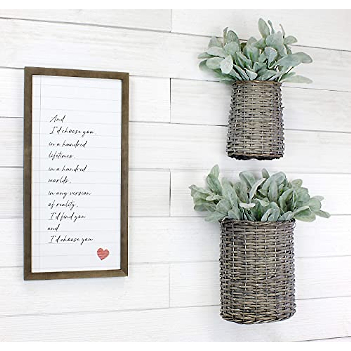 AuldHome Wall Hanging Baskets (Set of 2, Gray); Woven Wicker Rustic Farmhouse Gray Washed Door Baskets, Small and Medium Size