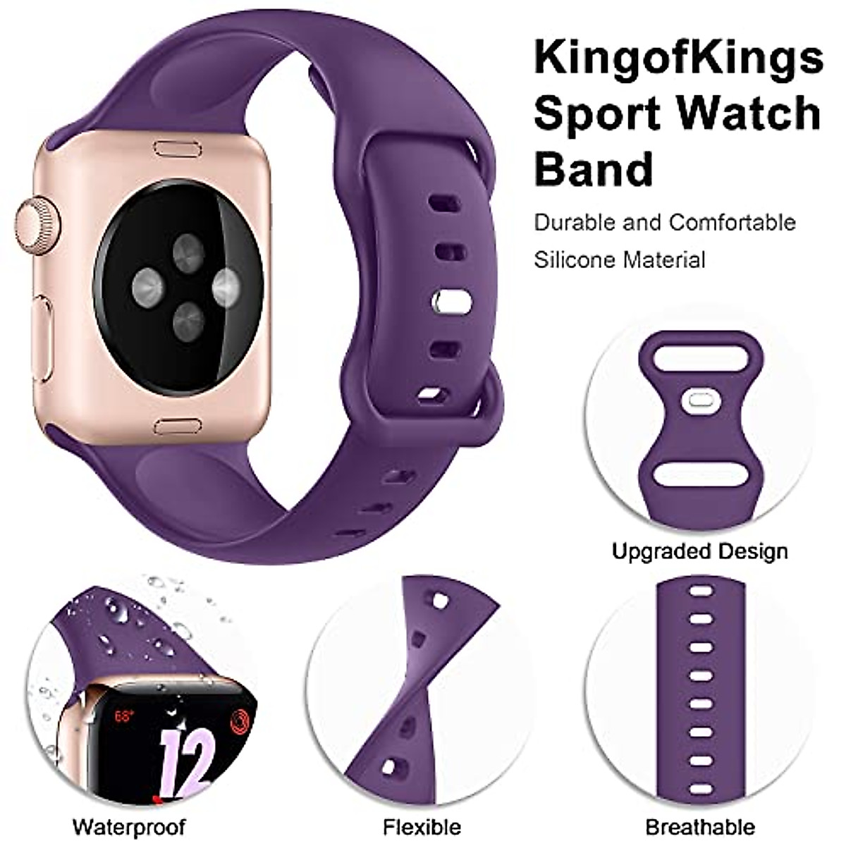 KingofKings Sport Watch Bands Compatible with Apple Watch Band 45mm 44mm 42mm 41mm 40mm 38mm for Women Men, Soft Silicone Replacement Strap Wristband for iWatch Series 8 7 6 5 4 3 2 1 SE