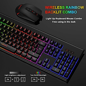BlueFinger Wireless Gaming Keyboard and Mouse, Rechargeable Rainbow Backlit Wireless Keyboard and Ergonomic Light Up Mouse Combo for Windows, Mac, PC, Laptop