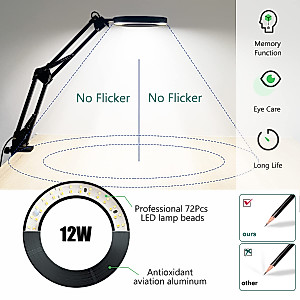 10X Desk Magnifying Glass with Light, 72LED 12W Magnifying Lamp, Magnifying Work Light, 3 Color Modes Stepless Dimmable Craft Lamp, Magnifying Glasses with Light for Close Work Reading Repair