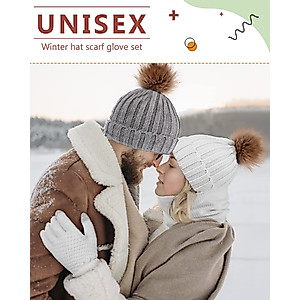 SATINIOR 6 Pcs Winter Beanie Hat Scarf Gloves Set for Women, Knitted Beanie with Pom Pom Neck Warmer Touchscreen Gloves Set(Gray, White)