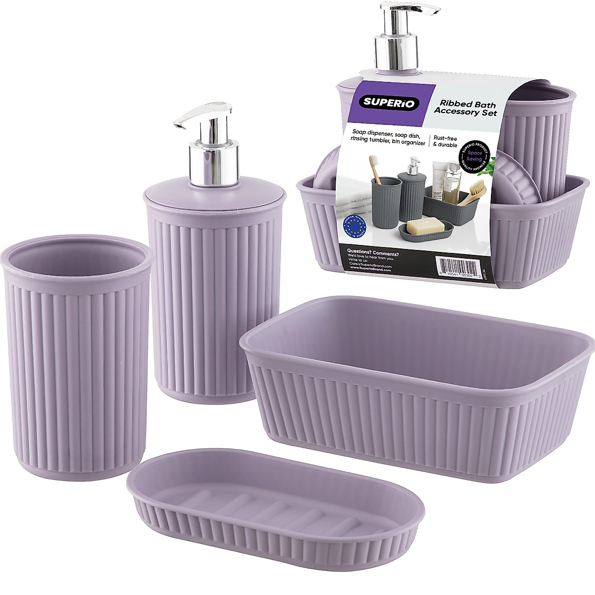 Superio Ribbed Collection - Decorative Plastic Bathroom Accessories Set, Lilac Purple (Set of 4) Soap Dish, Liquid Dispenser, Toothbrush Holder Cup, Vanity Organizer Tray - Bathroom Decor Gift