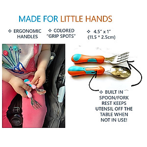 Toddler Silverware, Kids Utensils, Stainless Steel Forks Spoons Set with Travel Case for 1 2 3 4 year old. Metal Cutlery for Children, Girls Boys Baby, Round Handle 8 Pieces (4 sets) Pink Blue, Orange