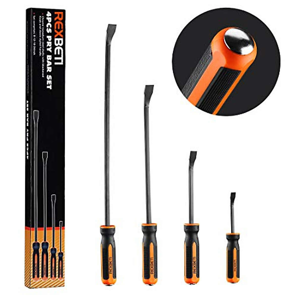 REXBETI Pry Bar Set, Heavy Duty Pry Bar 4-Piece Mechanic Hand Tools, Thicker Strike Cap Handle, Black Orange
