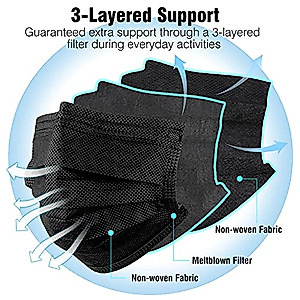 50PCS Disposable Face Mask 3 Ply for Unisex Adults Mens Women Non-Woven Masks for Home Office Indoor Outdoor (Black)