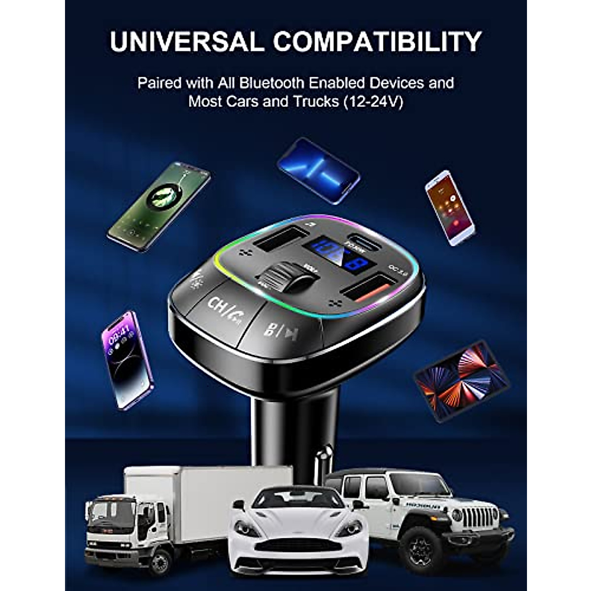 RIWUSI Bluetooth Car Adapter, [PD 30W+QC 3.0] [Stronger Dual Mic & Bass Boost] Bluetooth 5.0 FM Transmitter for Car, Hands-Free Music Player/Car Kit with Stunning 8 Colors Backlit & U Disk