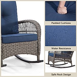 MeetLeisure Patio Wicker Rocking Chair - All-Weather Outdoor Rocker Chair with Safe Rocking Design and Premium Fabric Cushions (Mixed Grey/Blue)