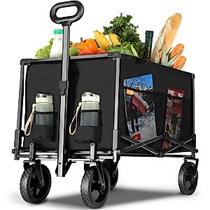 Tempera Collapsible Foldable Wagon with 220lbs Weight Capacity, Folding Wagon with All-Terrain Wheels, Havy Duty Utility Wagon for Sports, Grocery, Garden, Beach, Black