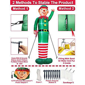 TURNMEON 12 Foot Giant Christmas Inflatable Elf, Christmas Decoration Outdoor Blow Up Elf Holds Candy Cane with Tethers Stakes LED Lighted Holiday Xmas Decoration Outside Yard Lawn Garden Home Party